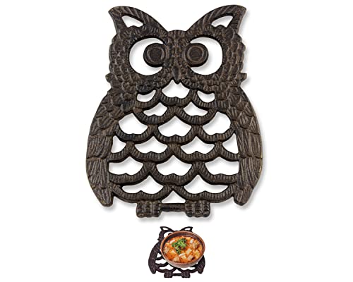 Cast Iron Owl Trivet - Decorative Trivet for Kitchen Counter or Dining Table - Vintage, Old-Fashioned, Farmhouse, Rustic, Artisan Design - 7.75X6 - with Rubber Pegs/Feet - Recycled Metal - Rust Brown
