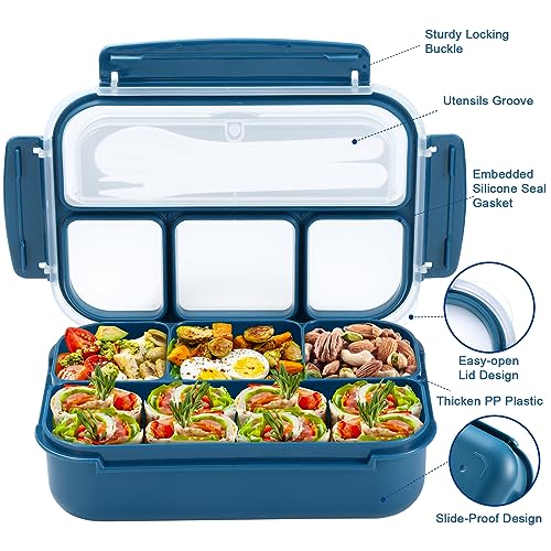Bento Box Adult Lunch Box, Lunch Containers for Kids Girls Boys with 4 Compartments, Lunchable Food Container with Utensils, Sauce Jar, Muffin Liners, 40 Oz/5 Cup, Microwave & Dishwasher Safe, Blue