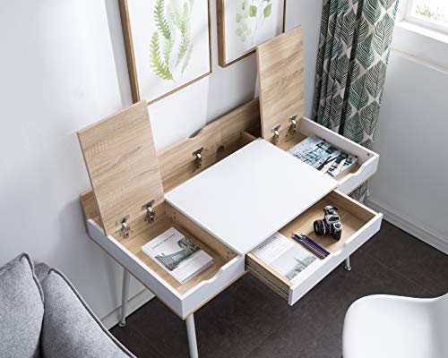 JJS Home Computer Desk, Writing Desk with Drawers, Contemporary Design Split Top Storage Modern Desk, Sturdy and Easy Assembly Spacious Desktop Mid Century Desk,White Desks for Bedroom Dresser Table