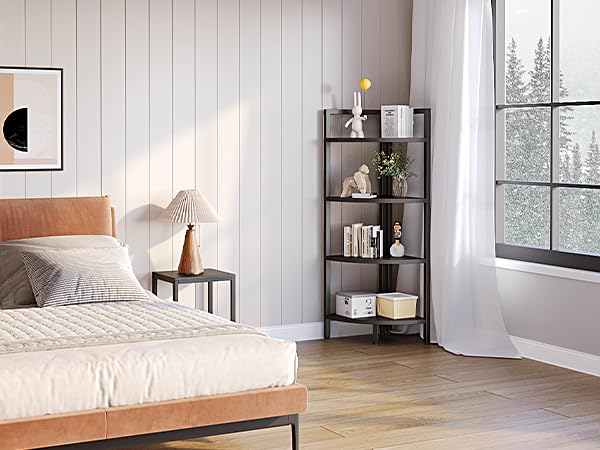 SAYGOER Corner Bookshelf 4 Tier Stand Corner Ladder Shelf Modern Storage Organizer Bookcase Industrial Display Rack Shelves for Small Space, Living Room,Home Kitchen,Office, Black