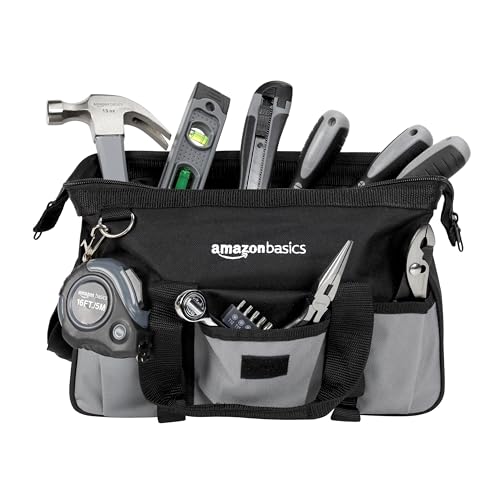 Amazon Basics 65 Piece Home Basic Repair Tool Kit Set With Bag, Silver, Black