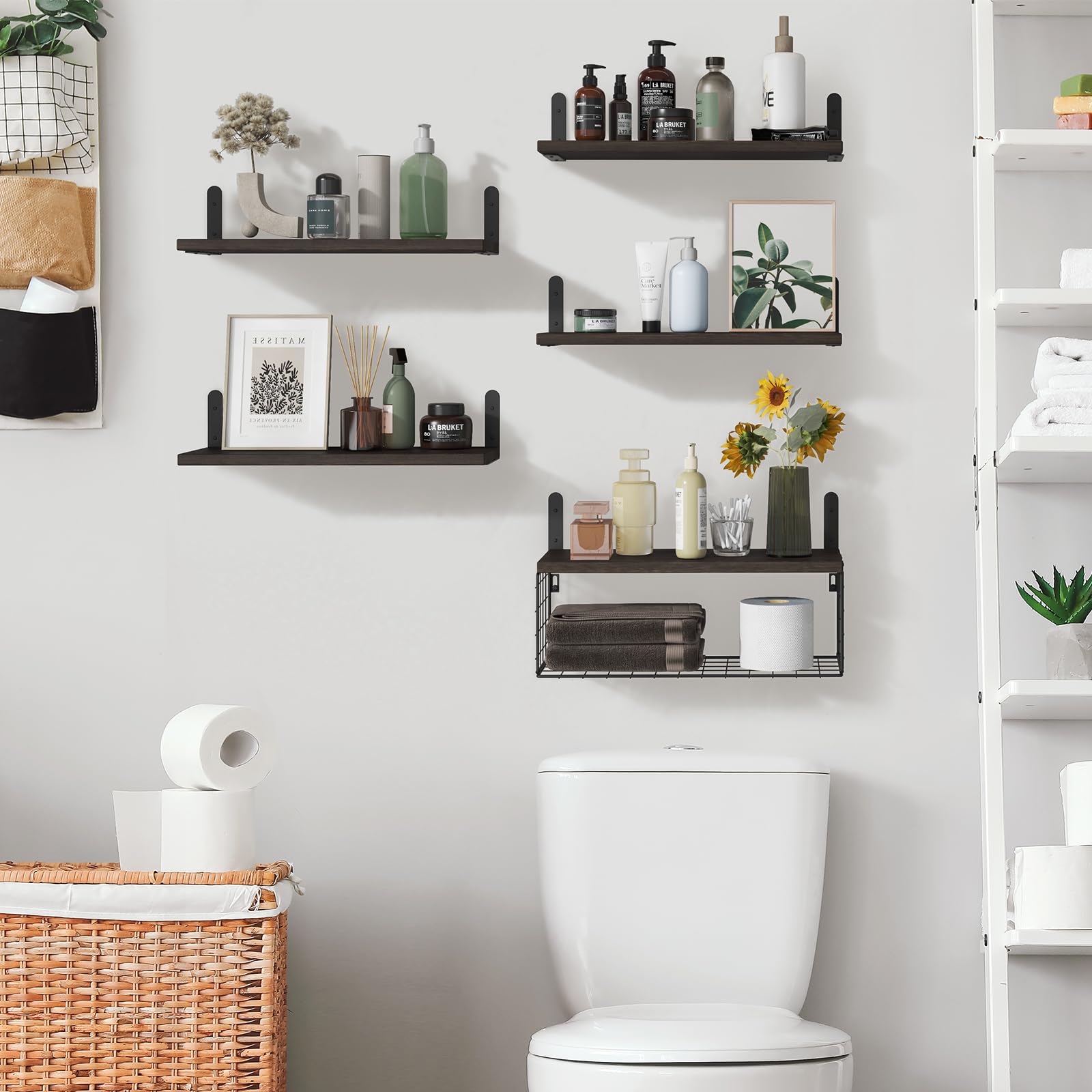 Fixwal 5+1 Tier Bathroom Floating Shelves, Wall Mounted Wood Shelves Over Toilet with Wire Storage Basket, Rustic Wall Decor for Bedroom, Kitchen, Living Room (Dark Brown)