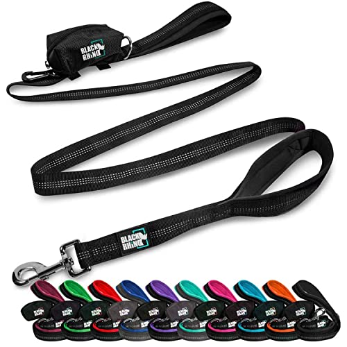 Black Rhino Dog Leash - Heavy Duty - Medium & Large Dogs | 6ft Long Leashes | Two Traffic Padded Comfort Handles for Safety Control Training - Double Handle Reflective Lead - (Black)