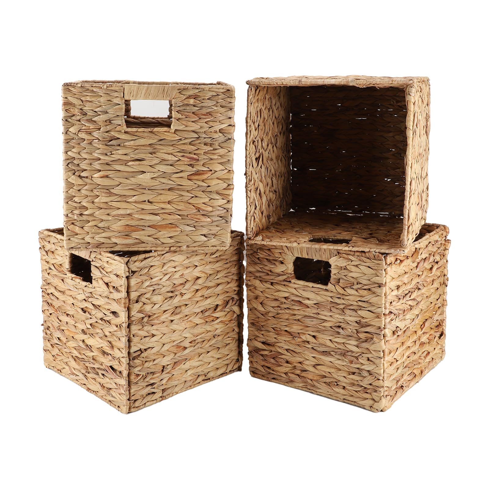 CINWEN Woven Hyacinth Storage Baskets 4 Pack,Shelf Basket,Foldable Storage Basket, with Built-in Handles Home Organizing Laundry Organizer Cube Baskets,Sundries Storage Basket (Brown)