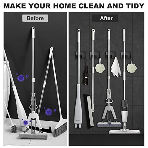 Drek Crek Mop Broom Holder Wall Mounted Heavy Duty No Drill, Adhesive Mop Broom Organizer, 304 Stainless Steel Mop Hanger Wall Mount Stick on w Hooks for Bathroom,Kitchen,Closet,Garage,Garden, 4PCS