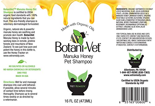 BotaniVet Certified Organic Manuka Honey Pet Shampoo 16 Oz - 100% Natural Ingredients - Veterinary Dermatologist Formulated for Allergies and Itching