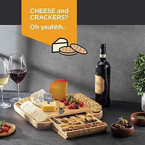 Cheese Board and Knife Set - Premium Quality Bamboo Charcuterie Platter for Slicing Cheese, Meat, Fruits, Vegetables - Hidden Drawer with 4 Stainless Steel Cutting and Serving Utensils - by Weegee
