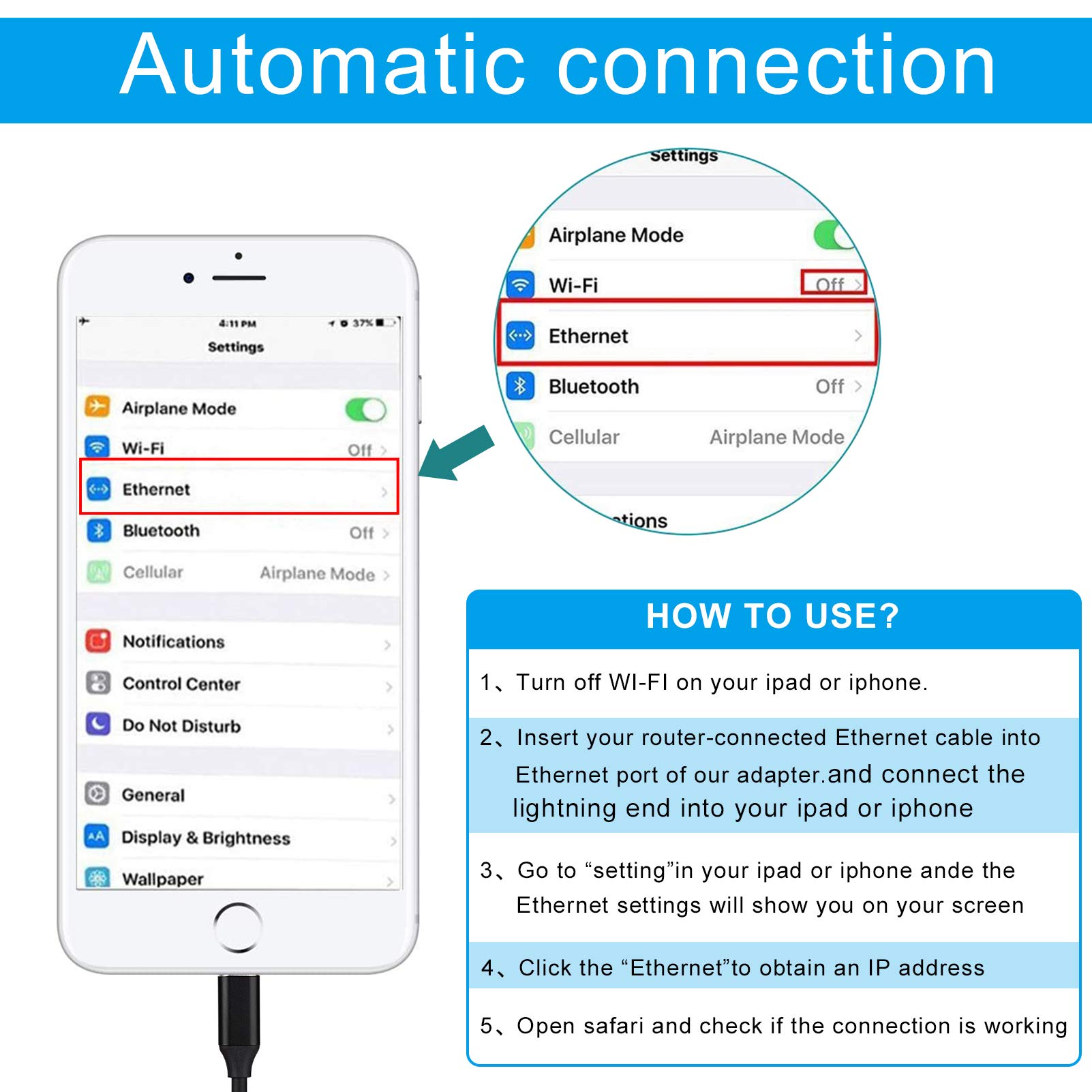 Lightnning to Ethernet RJ45 Adapter for iPhone/iPad [Apple MFi Certified], Plug and Play iPhone High Speed Ethernet Adapter Support 10/100 Mbps Network (Black)