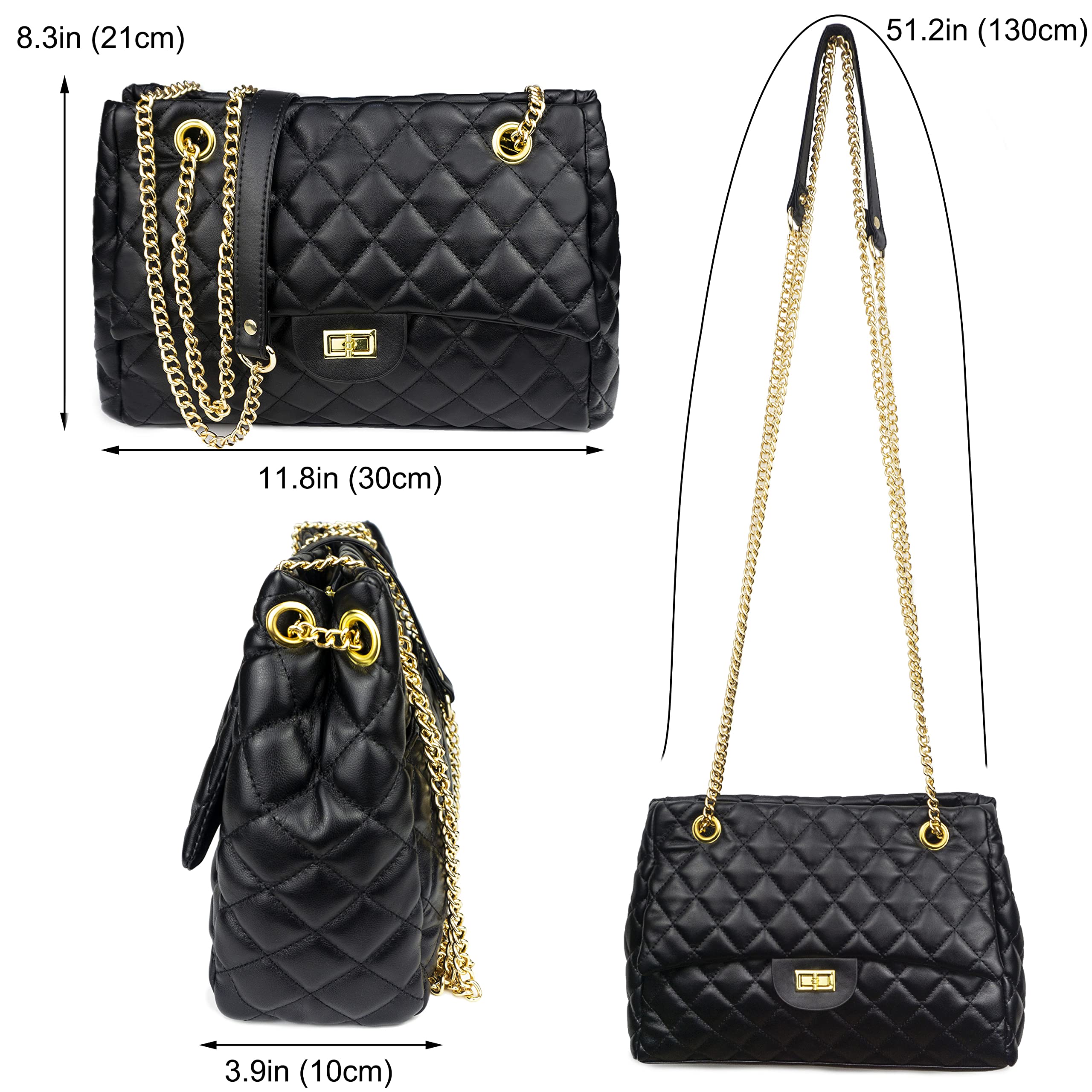 Rejolly Quilted Shoulder Bags for Women PU Leather Ladies Crossbody Handbag Stylish Envelope Purse with Chain Strap (Black)