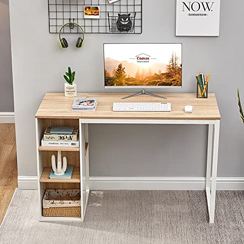 Computer Desk with Storage Shelves 47β White Office Desk with Drawers Small Kids Writing Desk Student Study Table Modern Wood Pc Laptop Gaming Desk for Home Work, Splicing Oak with Metal Legs