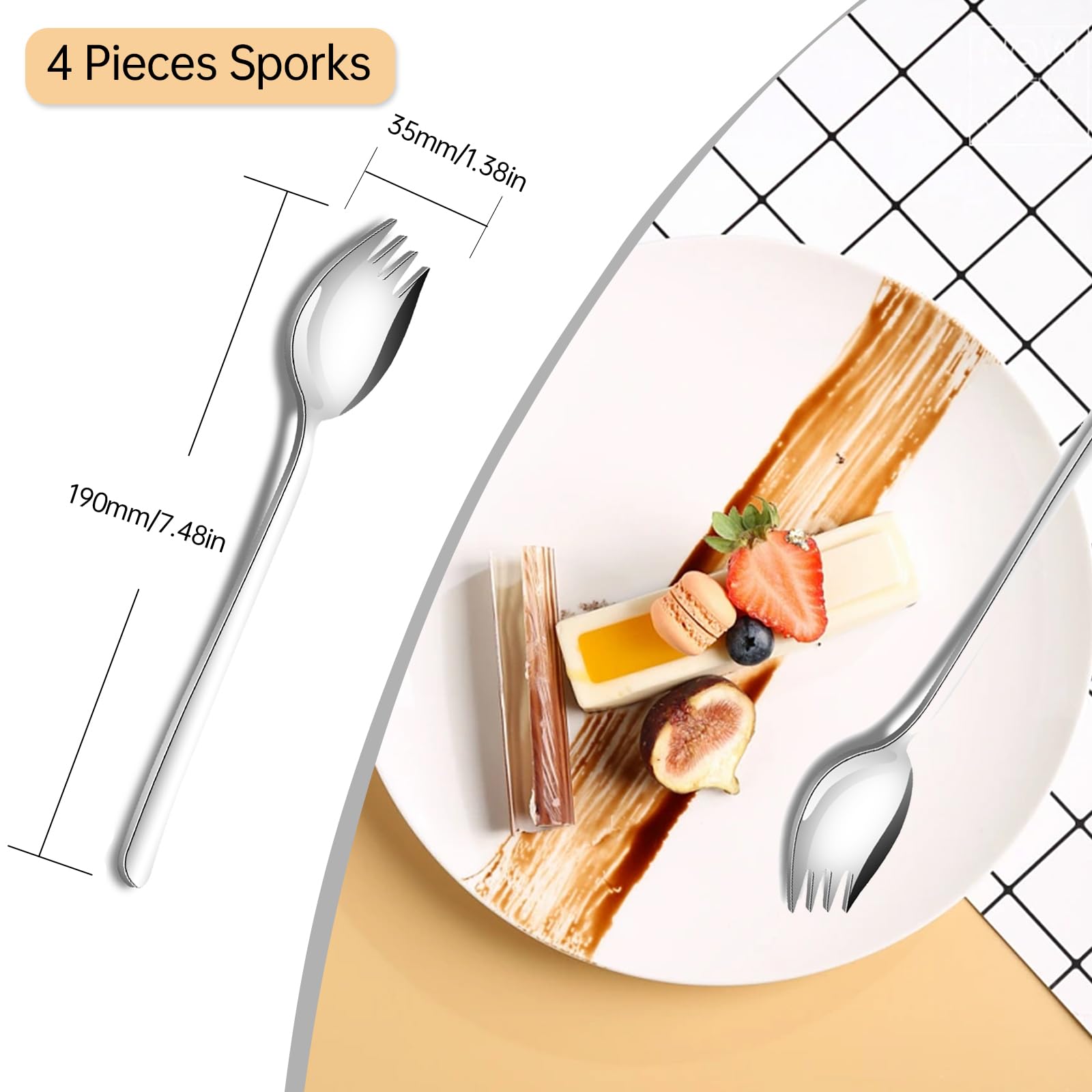 tiokin Sporks,4-Pack Salad Forks 18/10 Stainless Steel 7.4 Inches Long Handle Dessert Spoons Ice Cream Spoons Flatware Set Reusable Fruit Appetizer Dessert Forks for Household Use or Camping