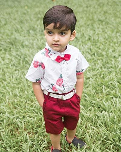 Mubineo Toddler Little Boy Kids Summer Floral Shirt Bermuda Shorts Outfit Set Clothes (White/Red, 3T)