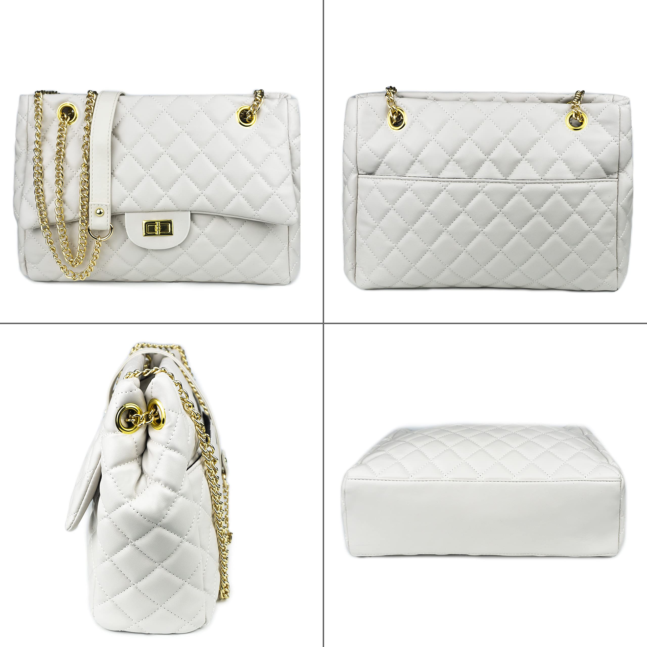 Rejolly Quilted Shoulder Bags for Women PU Leather Ladies Crossbody Handbag Stylish Envelope Purse with Chain Strap (Cream White)