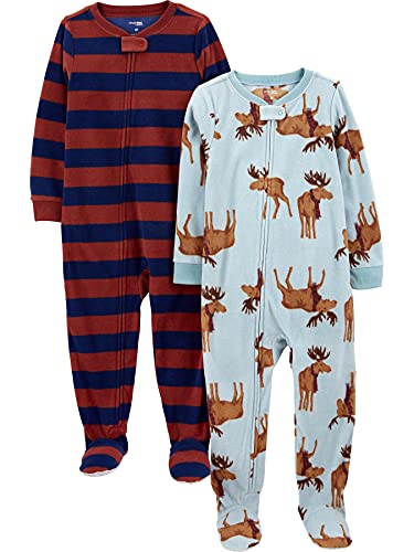 Simple Joys by Carter's Baby Boys Holiday Loose-fit Flame Resistant Fleece Footed Pajamas And Toddler Sleepers, Burgundy Stripe/Light Blue Moose, 12 Months US