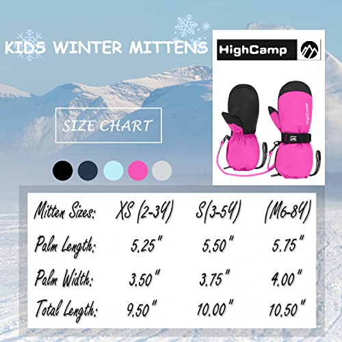 HIGHCAMP Kids Ski Mittens Waterproof Winter Snow Gloves with Zipper and String on Long Cuff for Toddler Boys Girls -Rosa,M (6-8 Y)