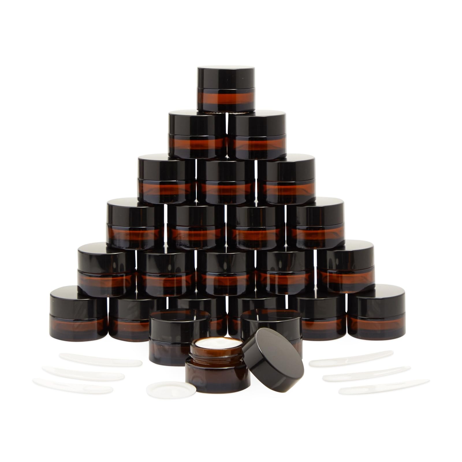 Juvale 5ml Amber Glass Jars with Lids and 6 Spatulas for Beauty Product Samples, Lip Balm, Lotion, Essential Oils, Face Creams (1.4 x 1 In, 24 Pack)
