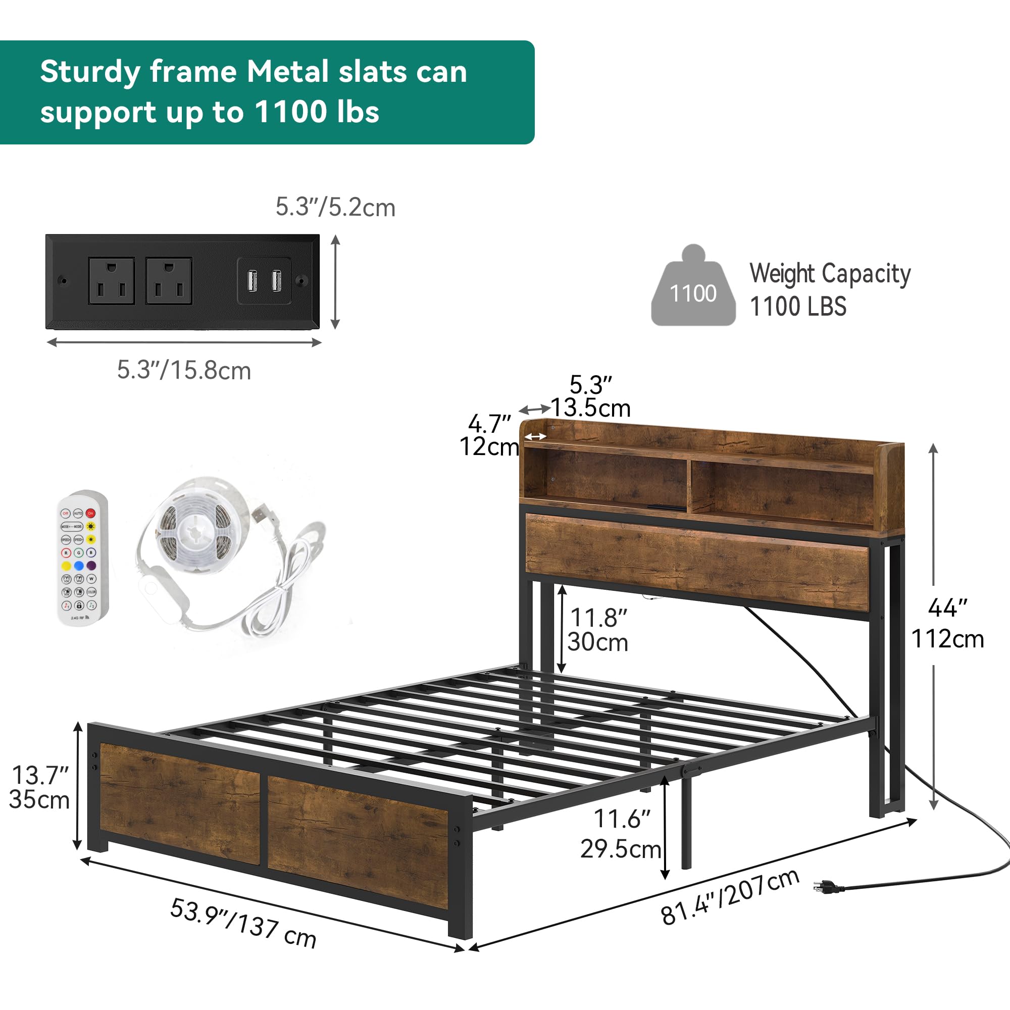 YITAHOME Queen Size Bed Frame,LED Bed Frame with Headboard,USB Ports & Charging Outlets,Metal Platform Bed Frame with 2 Tiers Storage Shelves, No Box Spring Needed, Rustic Brown