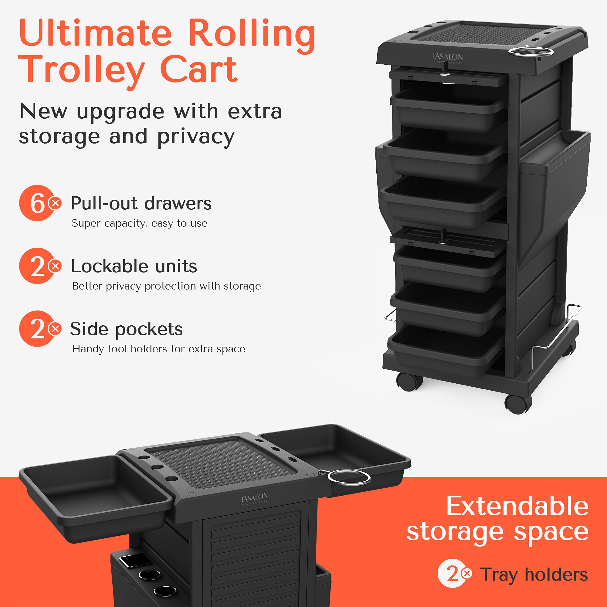 TASALON Ultimate Trolley Cart for Hair Salon Station – Space Saving Rolling Beauty Cart for Extra Storage, New upgrade Lockable 6 Trays & 2 Tray Holders– Multipurpose Tool Cart