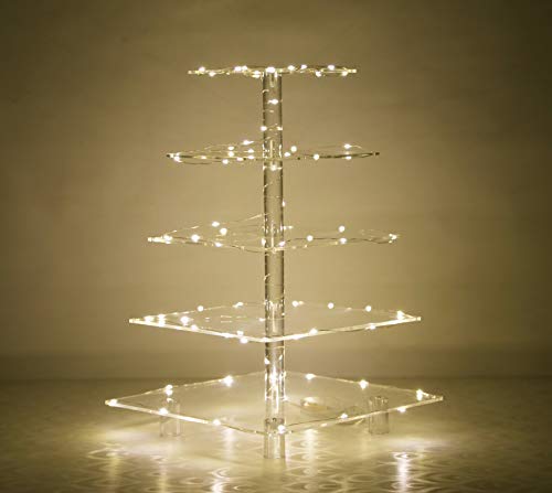 Jusalpha 5 Tier Square Cupcake Stand - Premium Cupcake Holder - Acrylic Cupcake Tower - Ideal for Weddings Birthday Parties, Candy Bar Decor 5SF-S (LED Light Option: Battery)…