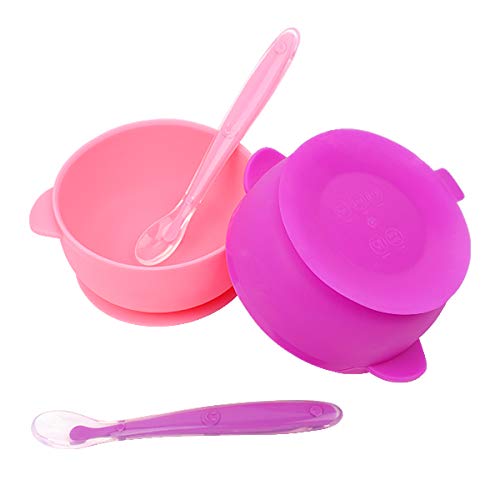 KingKam 2 Pack Baby Bowls with Suction, Silicone Stay up Baby Bowl for Kids and Toddlers, Silicone Bowls and Spoons for Baby Toddler Bowls, Baby Feeding Bowls Set - Pink/Purple