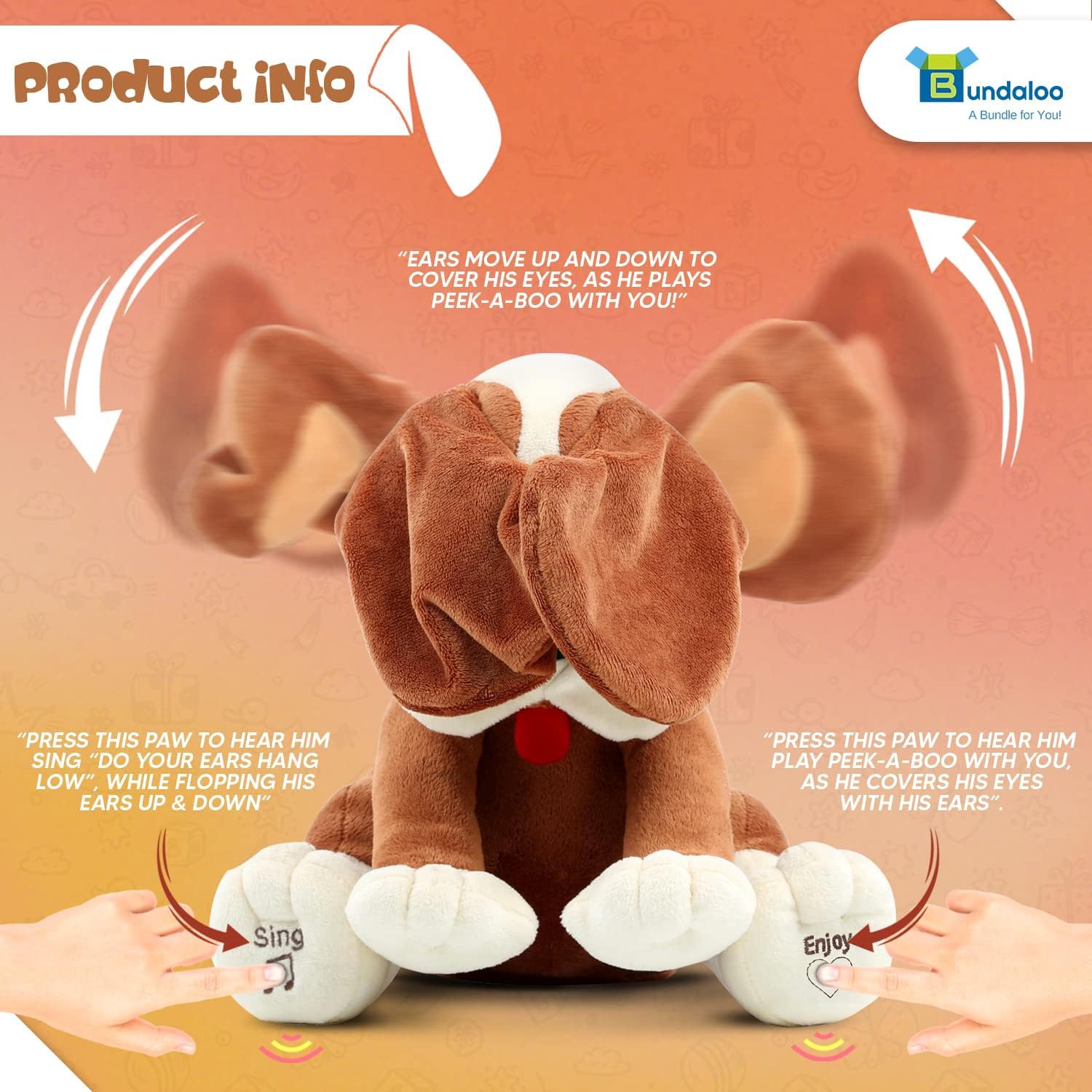 Bundaloo Animated Plush Peek A Boo Singing Dog with Floppy Ears | Plays Peek-A-Boo with Ears & Sings Do Your Ears Hang Low