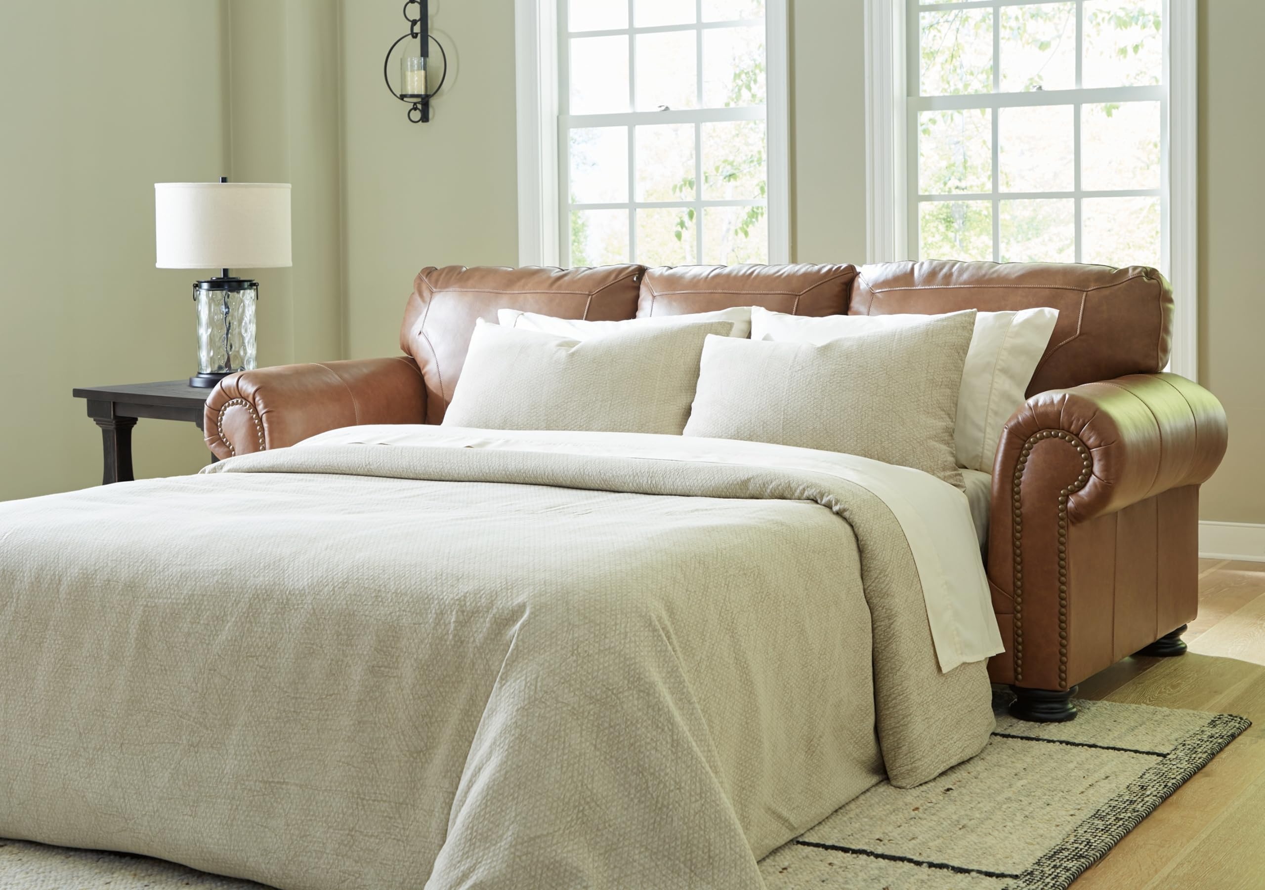Signature Design by Ashley Carianna Classic 2-in-1 Leather Match Sofa Sleeper with Folding Gel Memory Foam Mattress and Nailhead Trim, Queen, Dark Brown