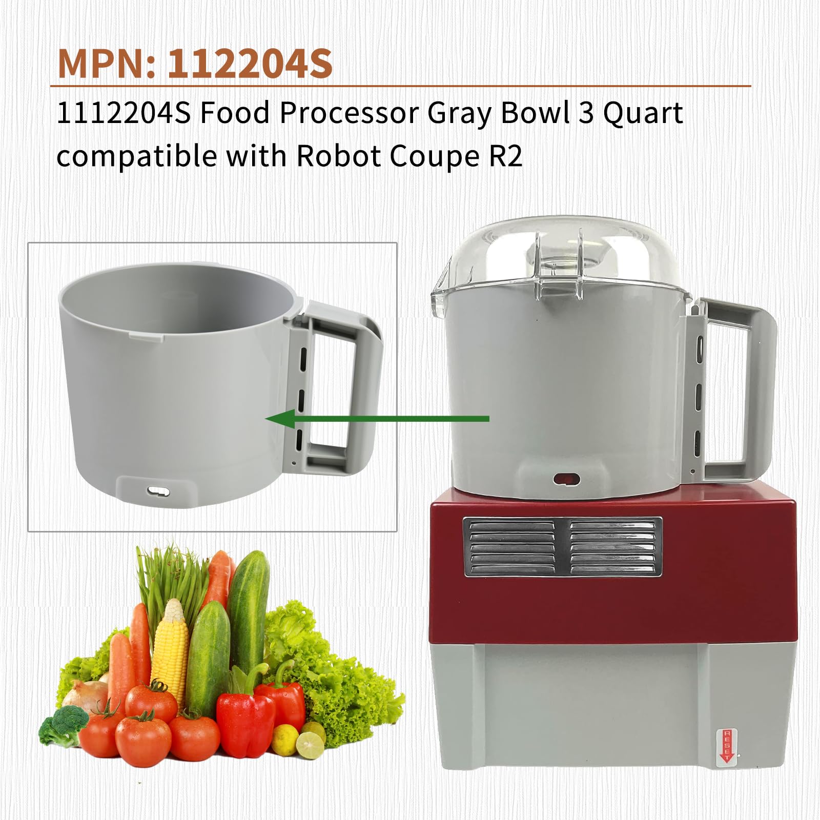 Vanshly 112204S Food Processor Gray Bowl 3 Quart compatible with Robot Coupe R2 3L Gb,R2 DICE, R2 Dice, R2B, R2N