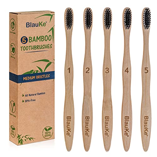 BlauKe Bamboo Toothbrushes Medium Bristles 5-Pack β Biodegradable, Sustainable, Natural, Eco Friendly β Black Charcoal Wooden Toothbrush Set