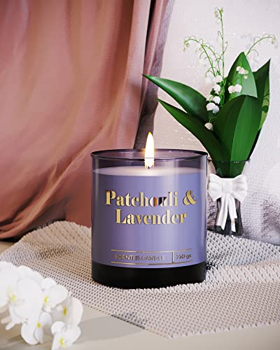 RAKLE Candles for Home Scented – Patchouli Lavender Scented Candle 7.4 oz – Premium Soy Wax Blend Candle Jar with Lid for Home, Meditation, Aromatherapy – Delightful Long Lasting Scents