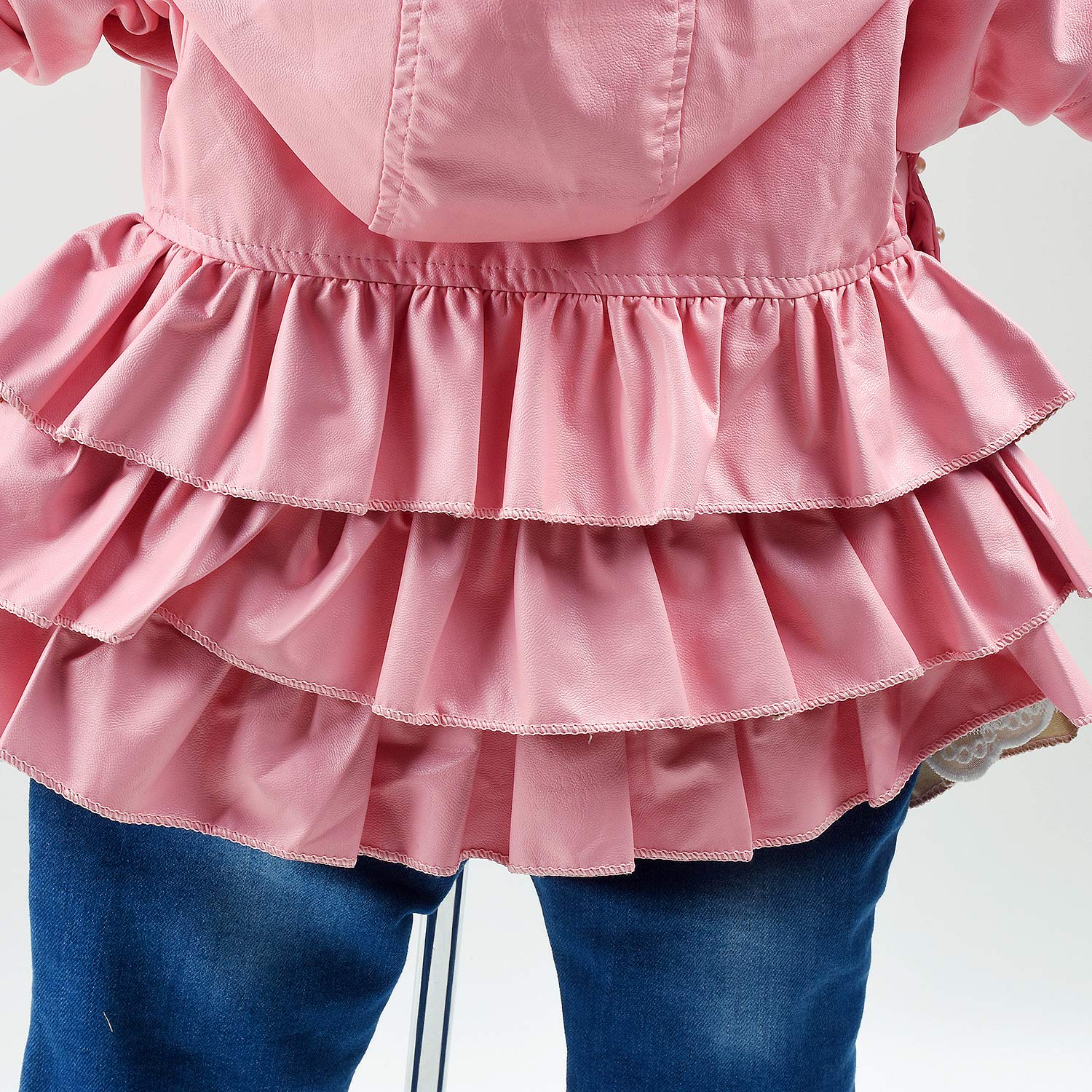 Peacolate 6M-4Y Baby Little Girls 3pcs Outfits Leather Hoodie Jacket Lace T-Shirt Denim Jeans(6-12M,Pink)