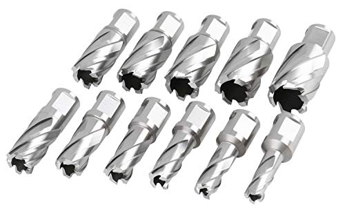 Accusize Industrial Tools 13 Pc 7/16'' to 1-1/16'' Hss Annular Cutters, 1'' Cutting Depth, 3/4'' Weldon Shank, with 2 Pilot Pins, Strong Box, N10