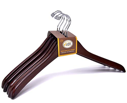 Quality Wooden Curved Coat Hangers, Suit Hangers, Smooth Solid Wood Pants Hangers, Swivel Hook, Coat, Jacket, (Walnut - Chrome Hook, 5)