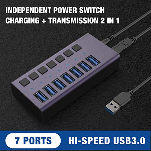 USB 3.0 Hub -7 Ports Powered USB Hub 36W USB Charging Hub with Individual On/Off Switches and 12V/3A Power Adapter and Light for PC, Laptop, Computer, Mobile HDD, Flash Drive and More(Purple)