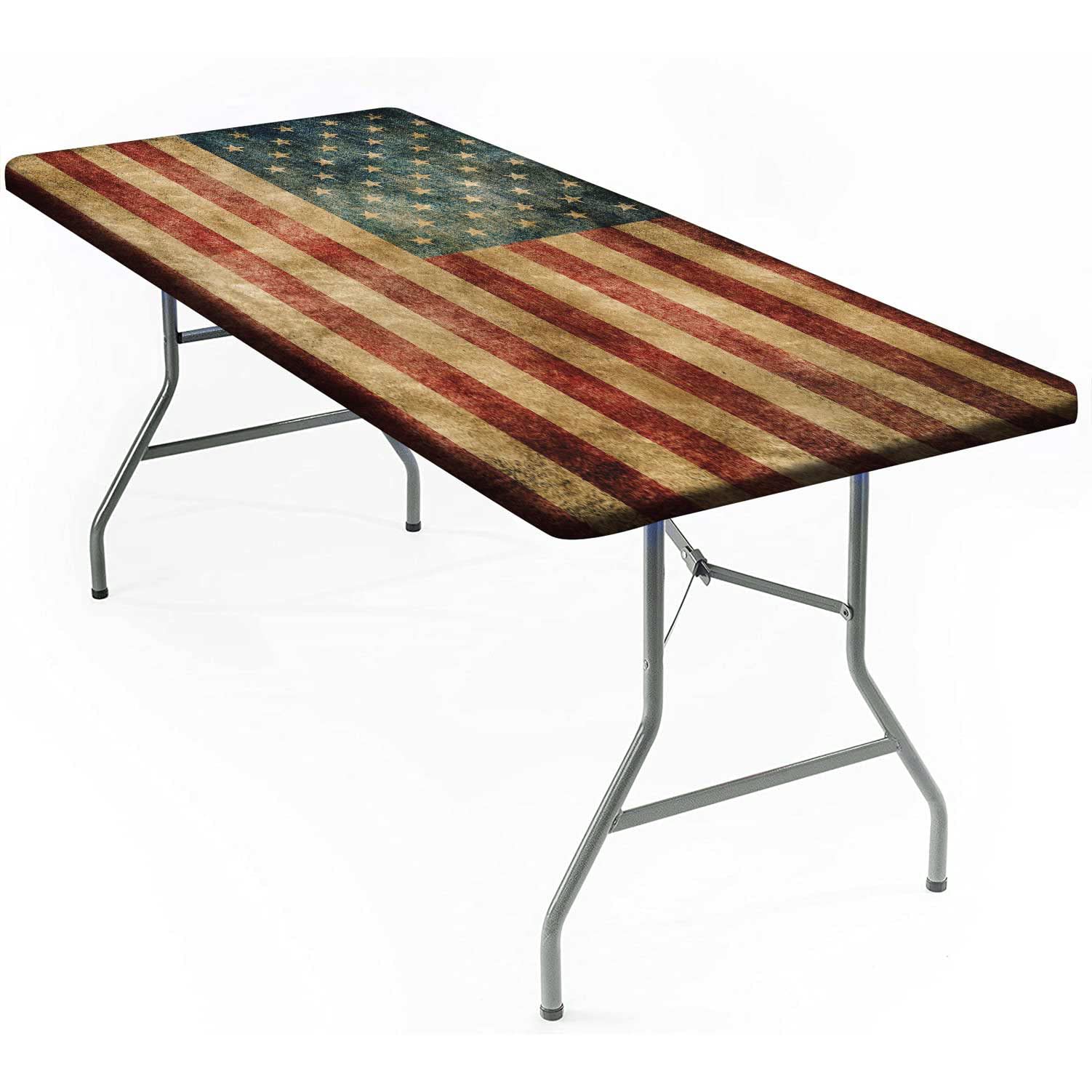 4th of July Rectangle Fitted Tablecloth, American Flag Indenpendence Day Elastic Edged Table Cover, 30x72 Inch, Waterproof Polyester Picnic Table Cloth for Outdoor Indoor Travel Party Patio Use