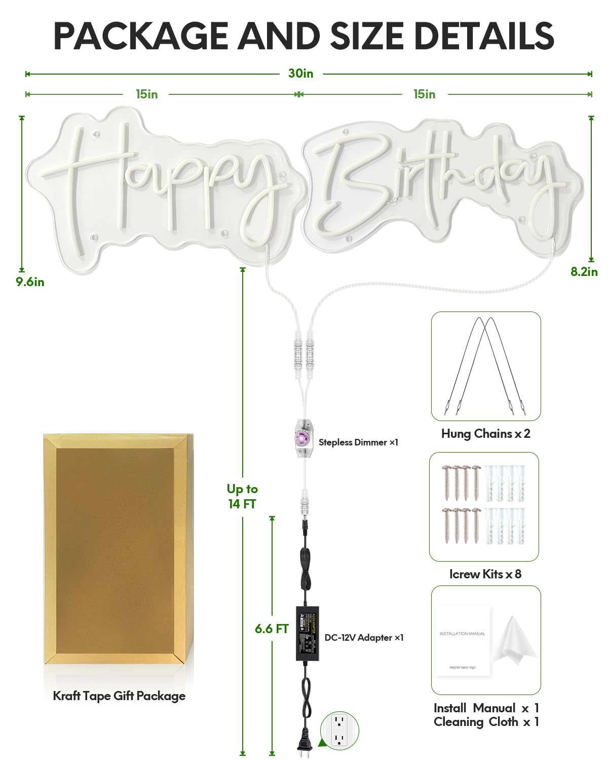 30x8 Inch Happy Birthday LED Neon Sign for Backdrop Decor, Happy Birthday Light Up Sign Adjustable with Stepless Dimmer, 12v Adapter and Hanging Chains for Birthday Party Decoration (Warm White)