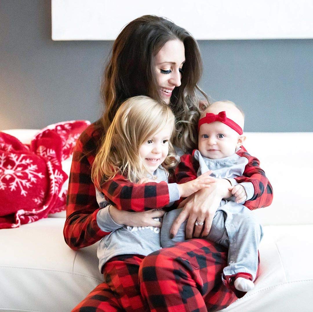 IFFEI Matching Family Pajamas Sets Christmas PJ's with Letter and Plaid Printed Long Sleeve Tee and Bottom Loungewear Women-Medium Grey