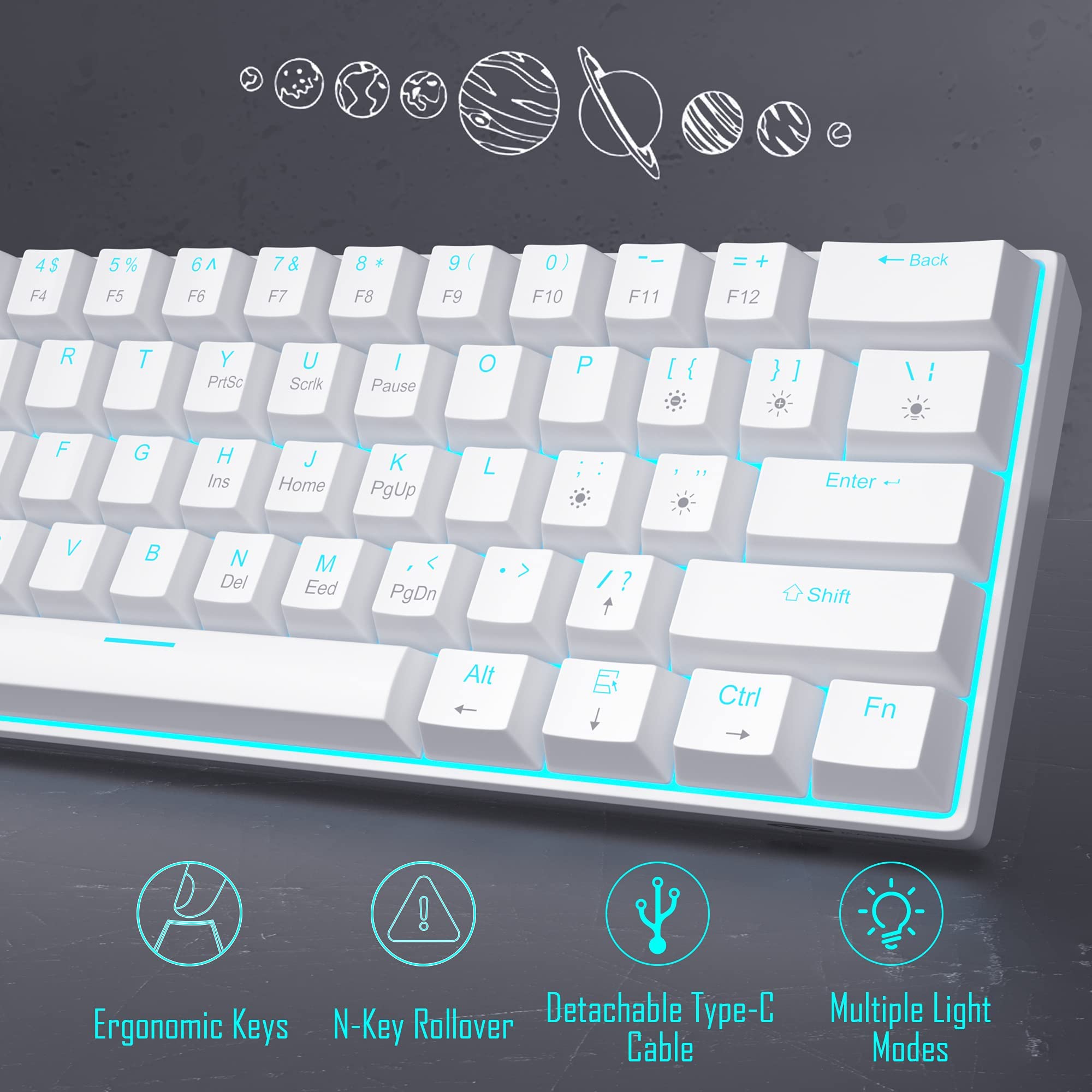CMUNBBB 60 Percent Mechanical Gaming Keyboard, White Gaming Keyboard with Red