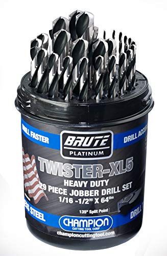 Champion Cutting Tool Brute Platinum Twister-XL5 29 Piece 1/16"-1/2" x 64ths HSS Jobber Drill Bit Set-135 Deg Split Point, Water Resistant Index-MADE IN USA