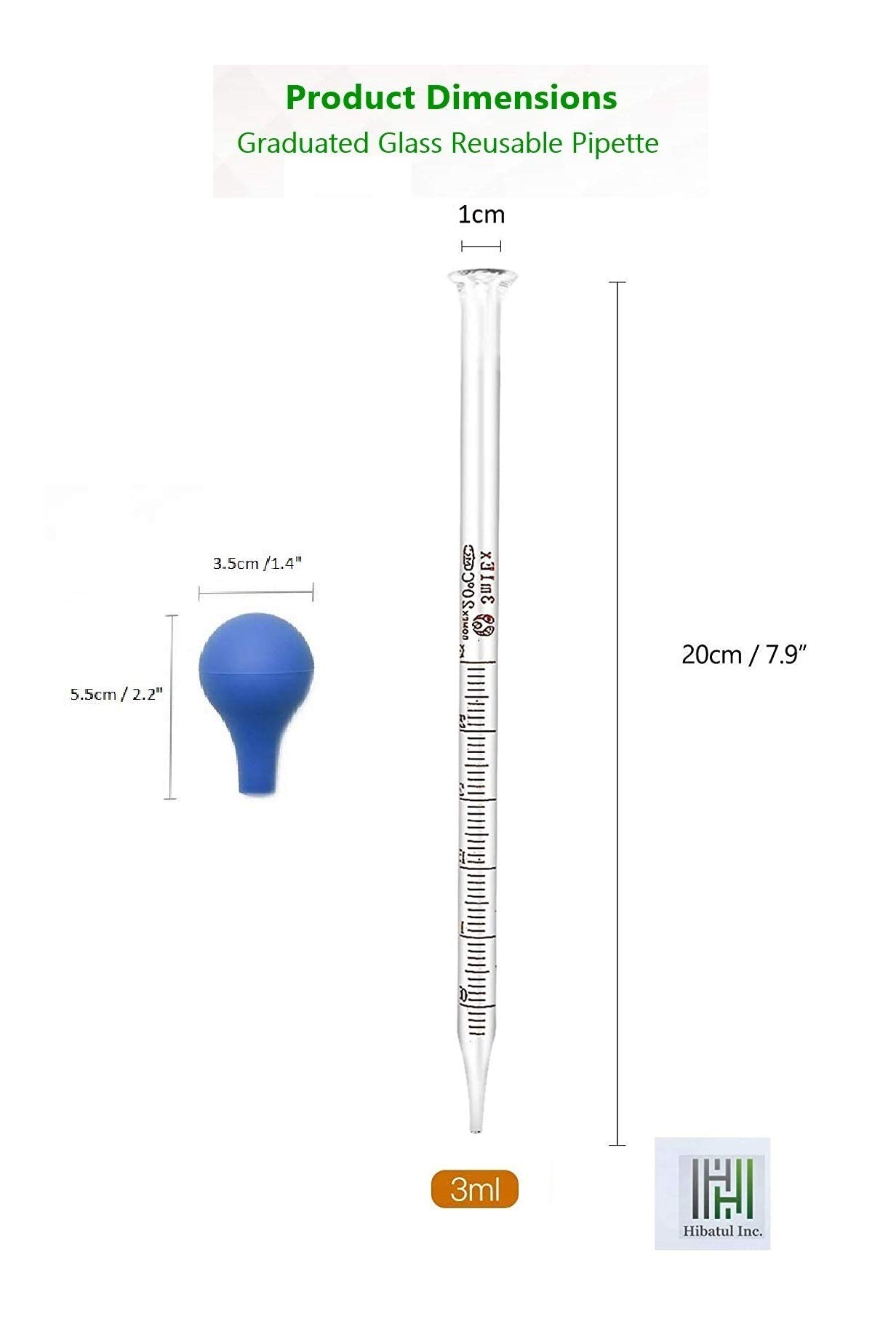 HIBATUL INC 4 Pack (3ml) Glass Graduated Dropper Pipettes Lab Dropper with Blue Rubber Cap and Scale