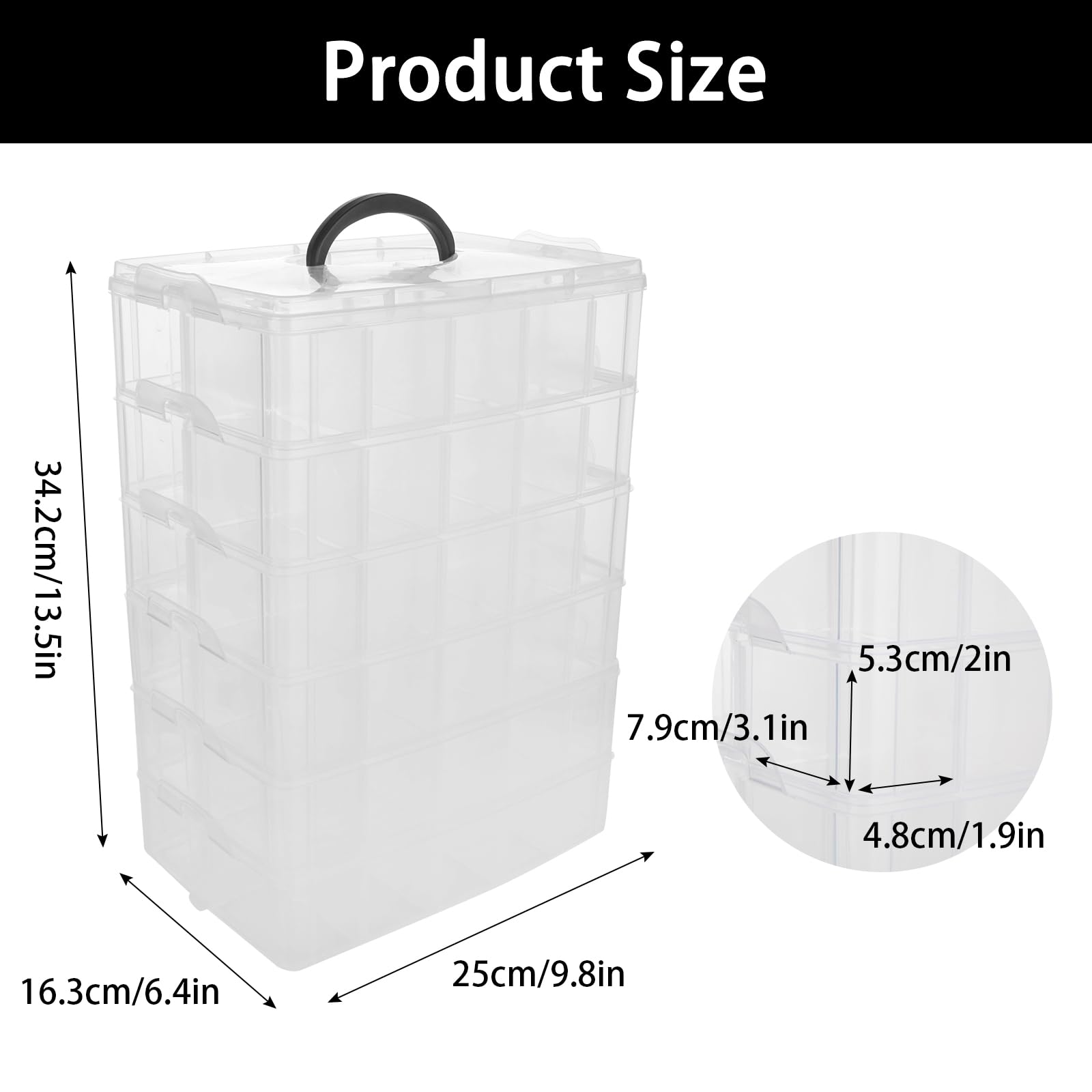 ACXFOND 6-Tier Stackable Storage Container Bead Organizer Box 60 Adjustable Compartments for Arts and Crafts, Toy, Fuse Beads, Washi Tapes, Beauty Supplies, Sewing Storage (Clear)