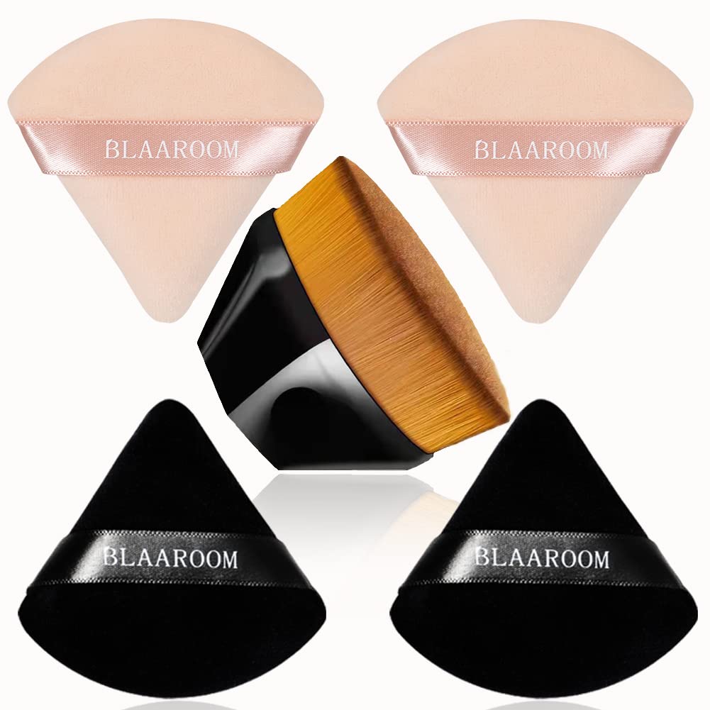 4+1 Pcs Velour Triangle Powder Puff and Flat Top Hexagon Kabuki Foundation Brush for Face Makeup Eyes Contouring Bod for Mixed Liquid Cream Flawless Loose Powder Cosmetic Foundation Makeup Tool Set