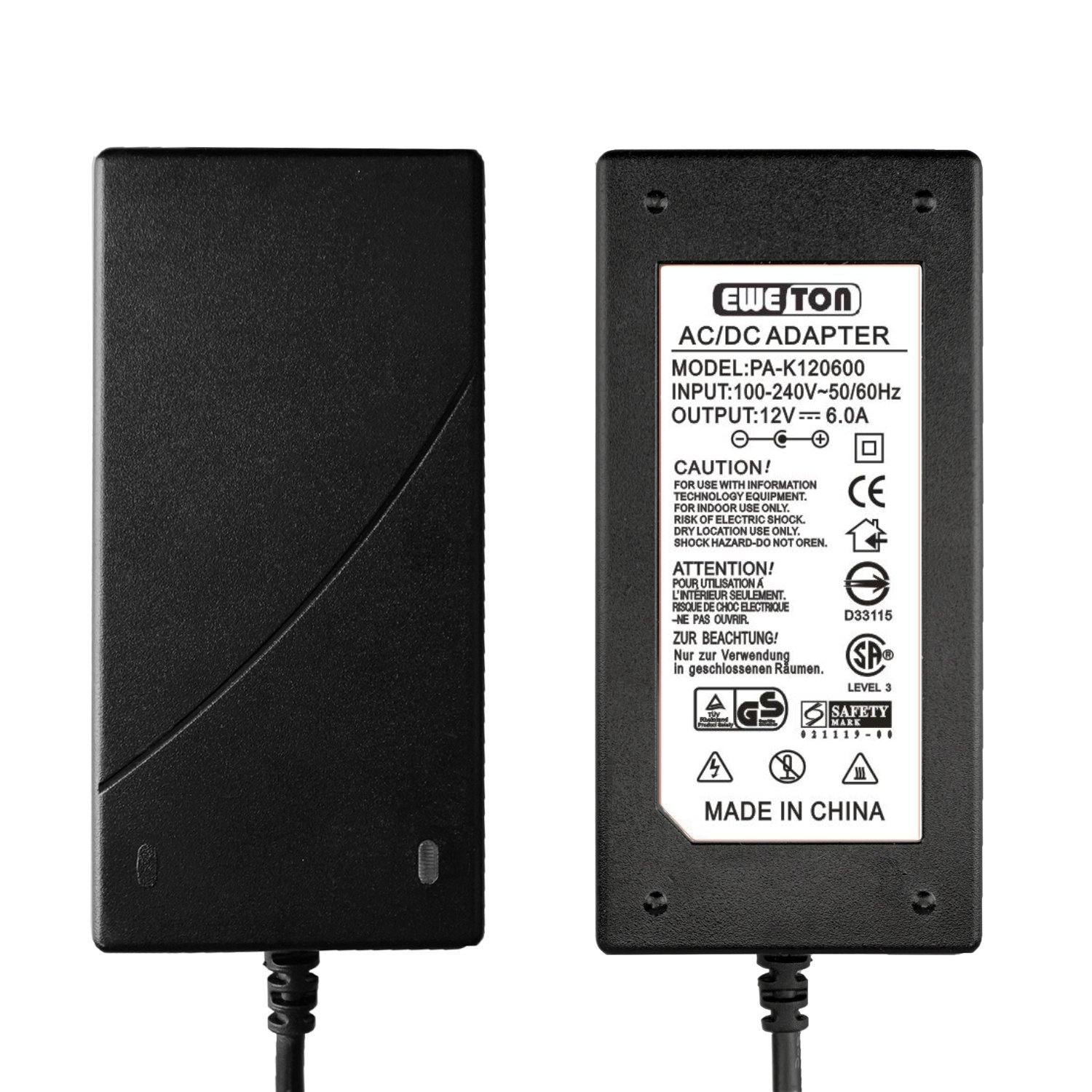 EWETON Power Adapter 12V 6A 72W 3-Pin Plug 100V-240V AC to DC 2.1x5.5mm w/ 8-Way Power Splitter Cable & DC Power Jack Connector Power Supply for CCTV Security Camera DVR, LED Strip Lights