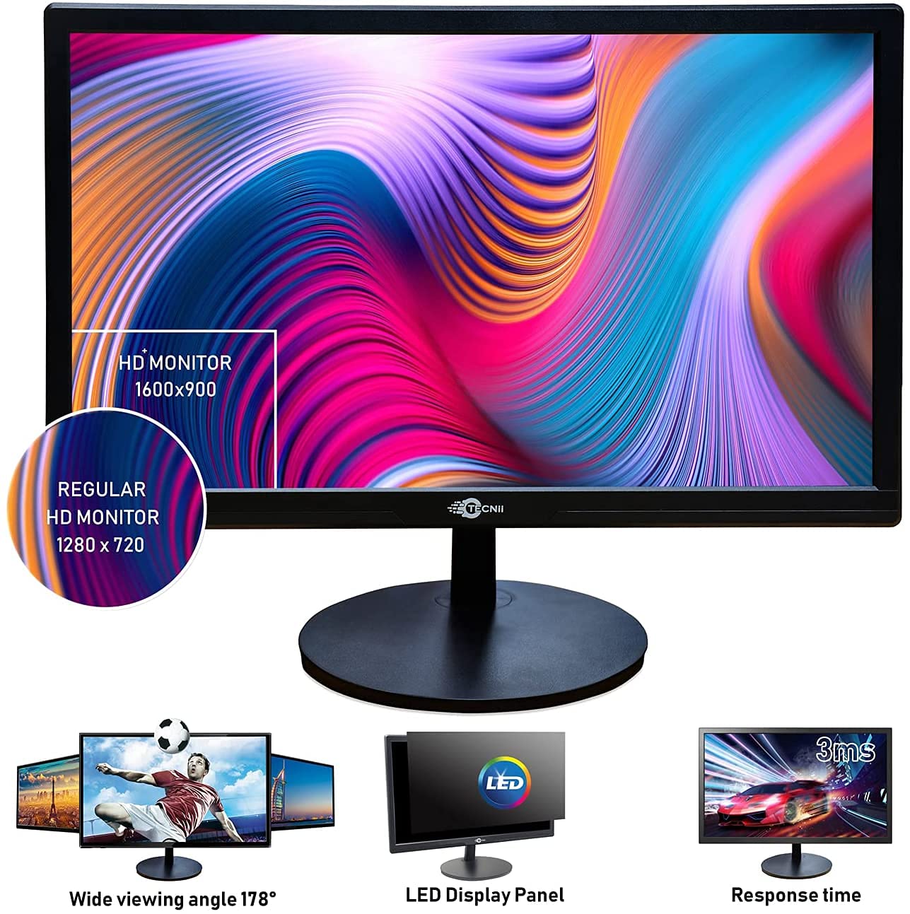 TECNII 20 Inch Widescreen LED Backlit LCD Desktop PC Monitor HD+ Resolution - 3ms Response Time - HDMI - VGA - for Home, Office - Black, TM200