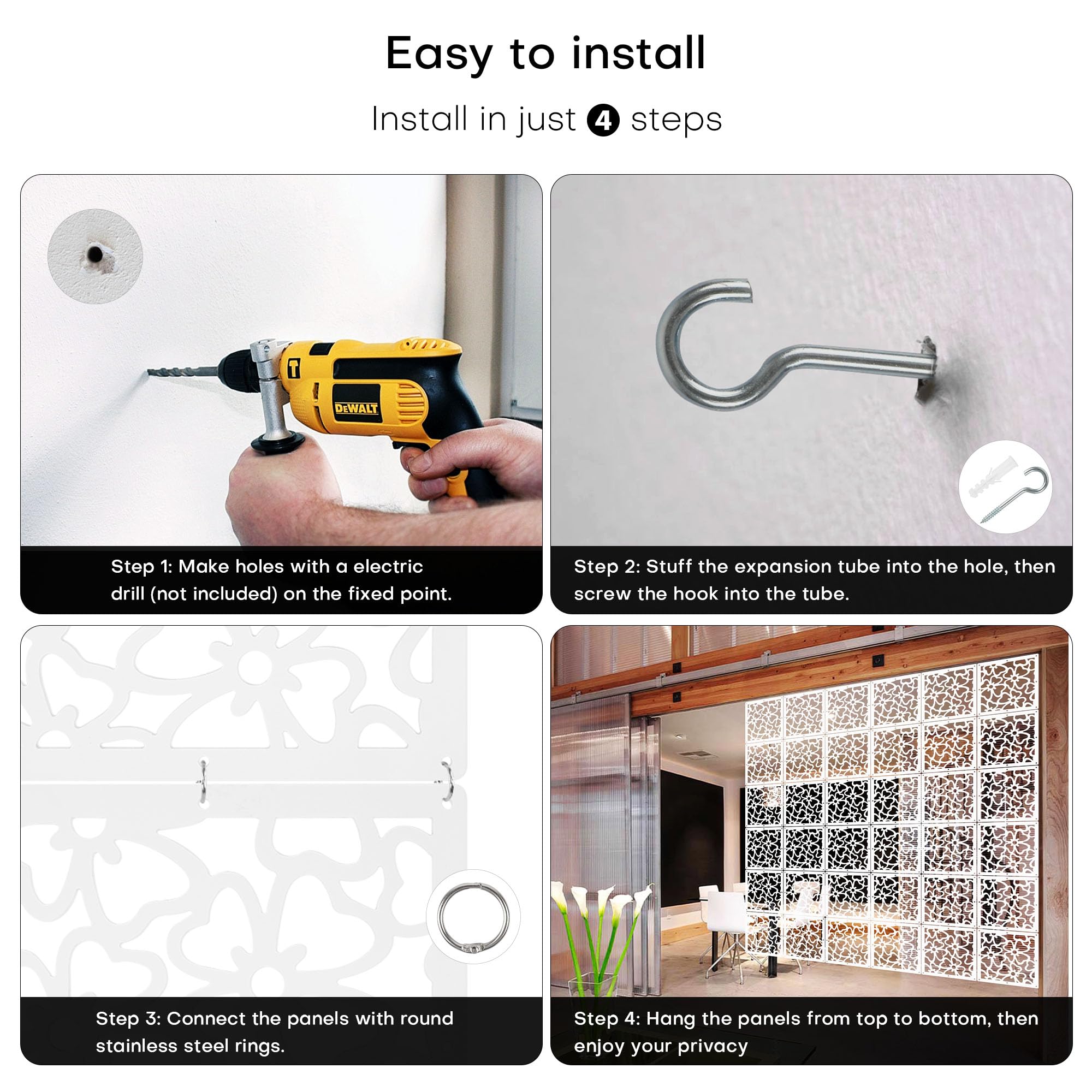 Lucky Monet 12Pcs Hanging Room Divider Panels Decorative Room Separator White Wall Partition Privacy Screen Indoor for Bedroom Dining Hotel Restaurant - White Flower