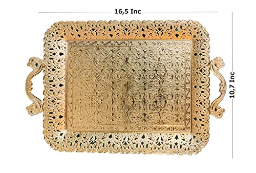 chancegift Turkish Tea Coffee Beverage Dinning Serving Tray with Handled Ottoman Motif Decorative Middle Table Drink Bathroom Rectangular Suitable for Gift (16.5x10.7x1 INC) 42x28x2cm Gold, (A2022)