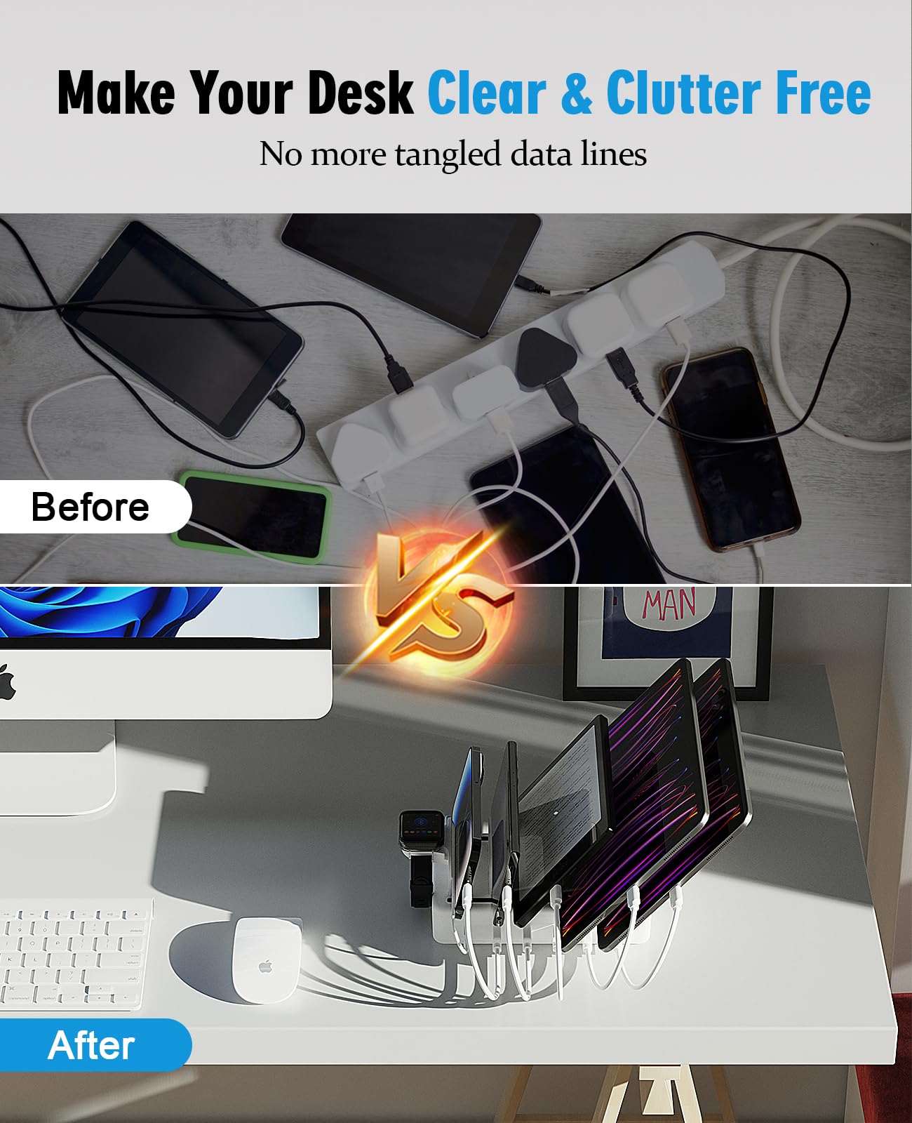 ββββππ¦πΈ Charging Station Multiple Charger Station - 6-Port USB Fast Charging Dock 50W Organizer Station with Watch Charger for iPhone|Android Cell Phone|iPad|Kindle|Watch|Tablet