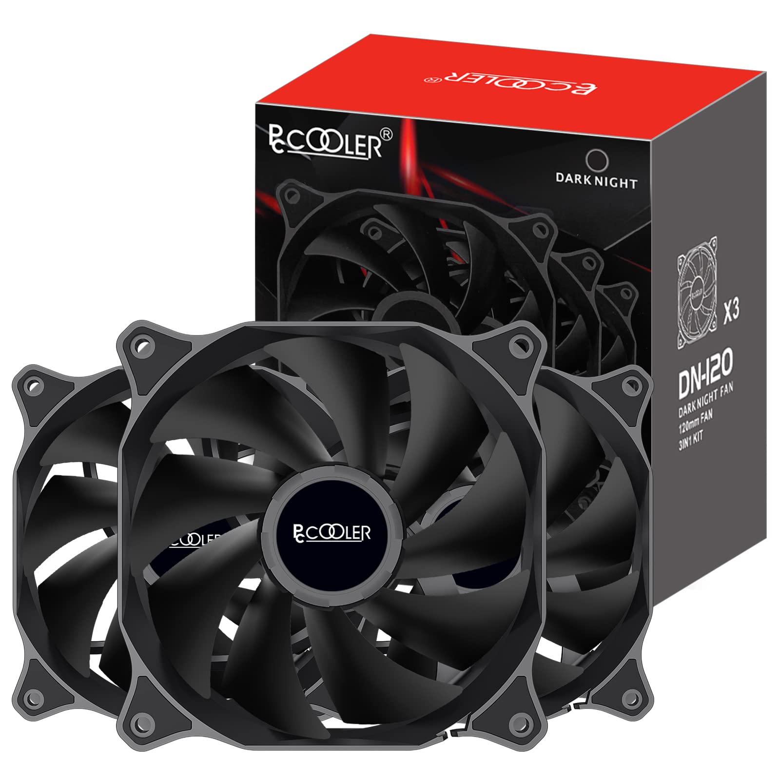 PCCOOLER 120mm Case Fans, DN120 120mm PC Fan 3 Pack Dark Night Series, High Performance Cooling PC Fan - Efficient Hydraulic Bearing - 1200 RPM Low Vibration, Computer Fans 120mm Fan for CPU Cooler