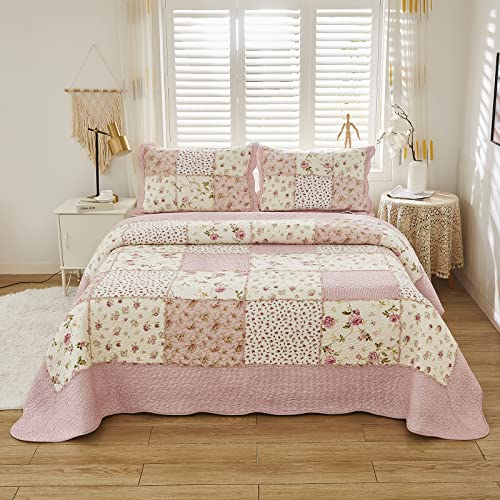 Brandream 4-Piece Pink Rose Floral Patchwork Quilts Cotton Queen Size Quilted Comforter Set Rustic Country Bedspread Set