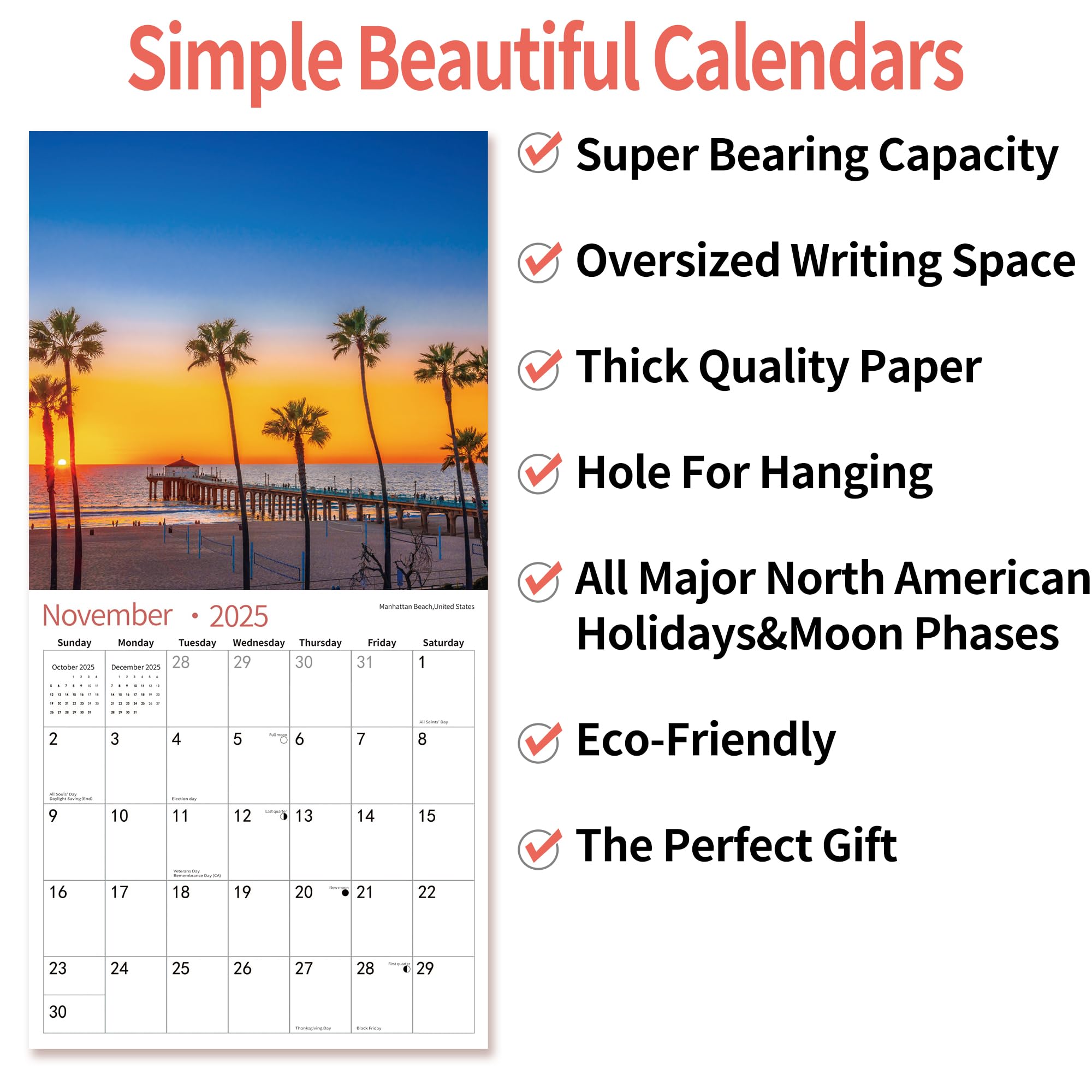 2024 2025 Wall Calendar, July 2024 - December 2025, Wall Calendar Beaches Island, 12" x 24" Opened,Full Page Months Thick & Sturdy Paper for Gift Perfect Calendar Organizing & Planning