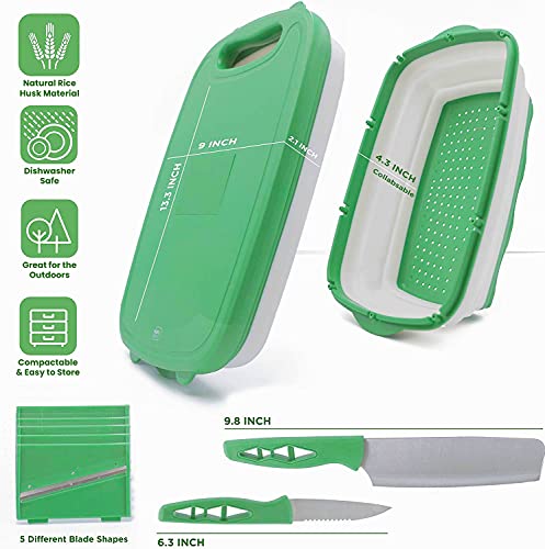 Kitchen Cutting Board with 9-in-1 Multi-Functionality from Rice Husk β Durable, Collapsible, Space Saving Chopping Board that Slices, Dices and Strains β Complete with Knife Set and Dishwasher Safe